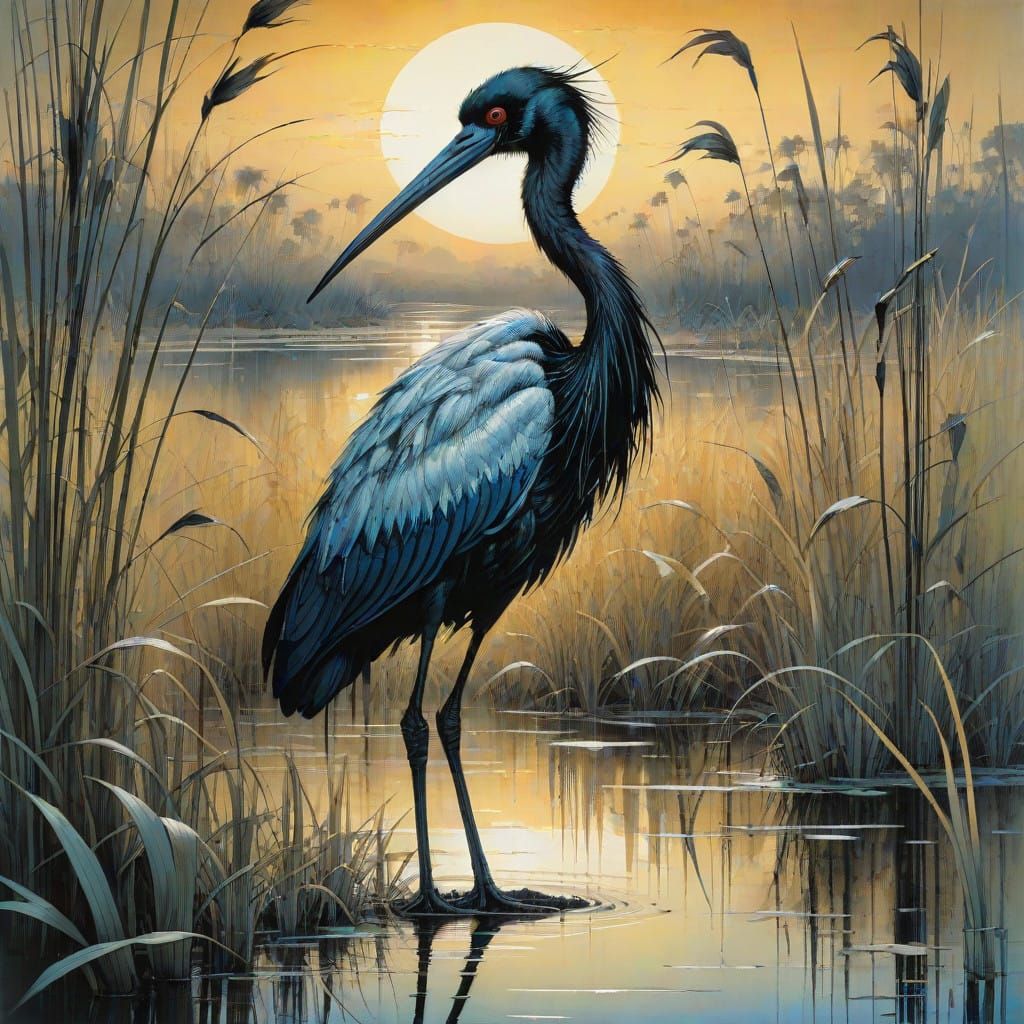 Jabiru in the reeds, in the evening light