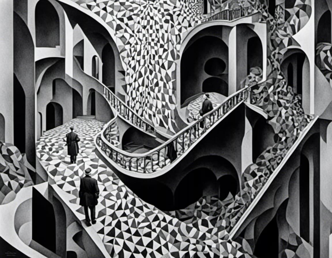 M. C. Escher Escher Escher Escher and klimt Abstract geometric black and white stipple cross ...