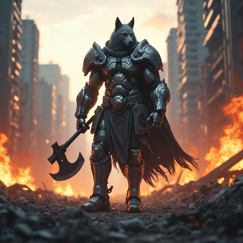 Cyberpunk Wolf Viking in Post-Apocalyptic City - AI Art