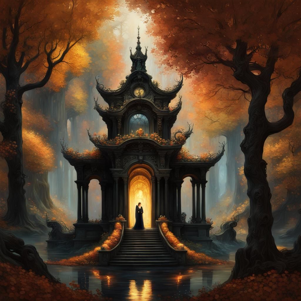 Night, elegant black temple, lit inside, polychromatic autumn forest ...