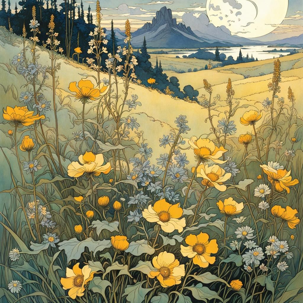 wildflowers along the way in a breathtaking landscape when the moon ...