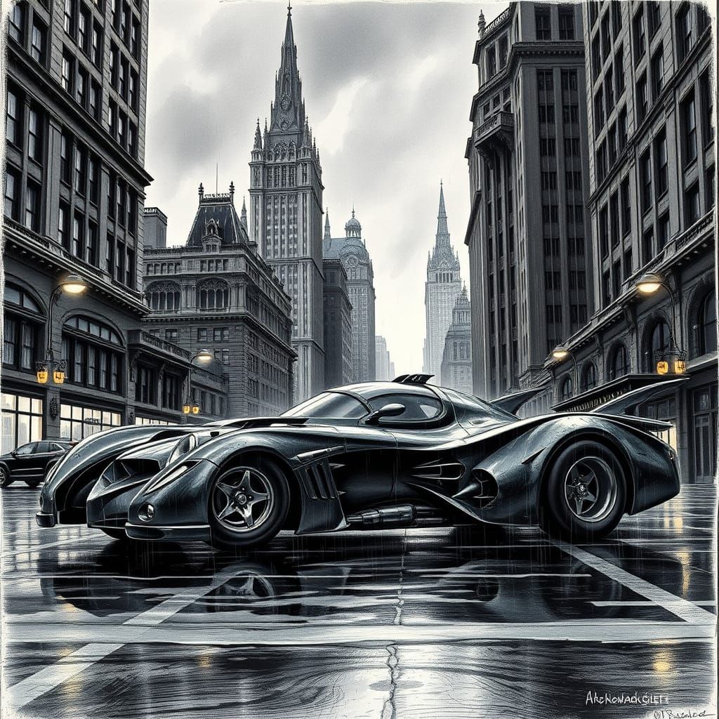 Realistic, highly detailed pen-and-ink style drawings of a Batmobile ...