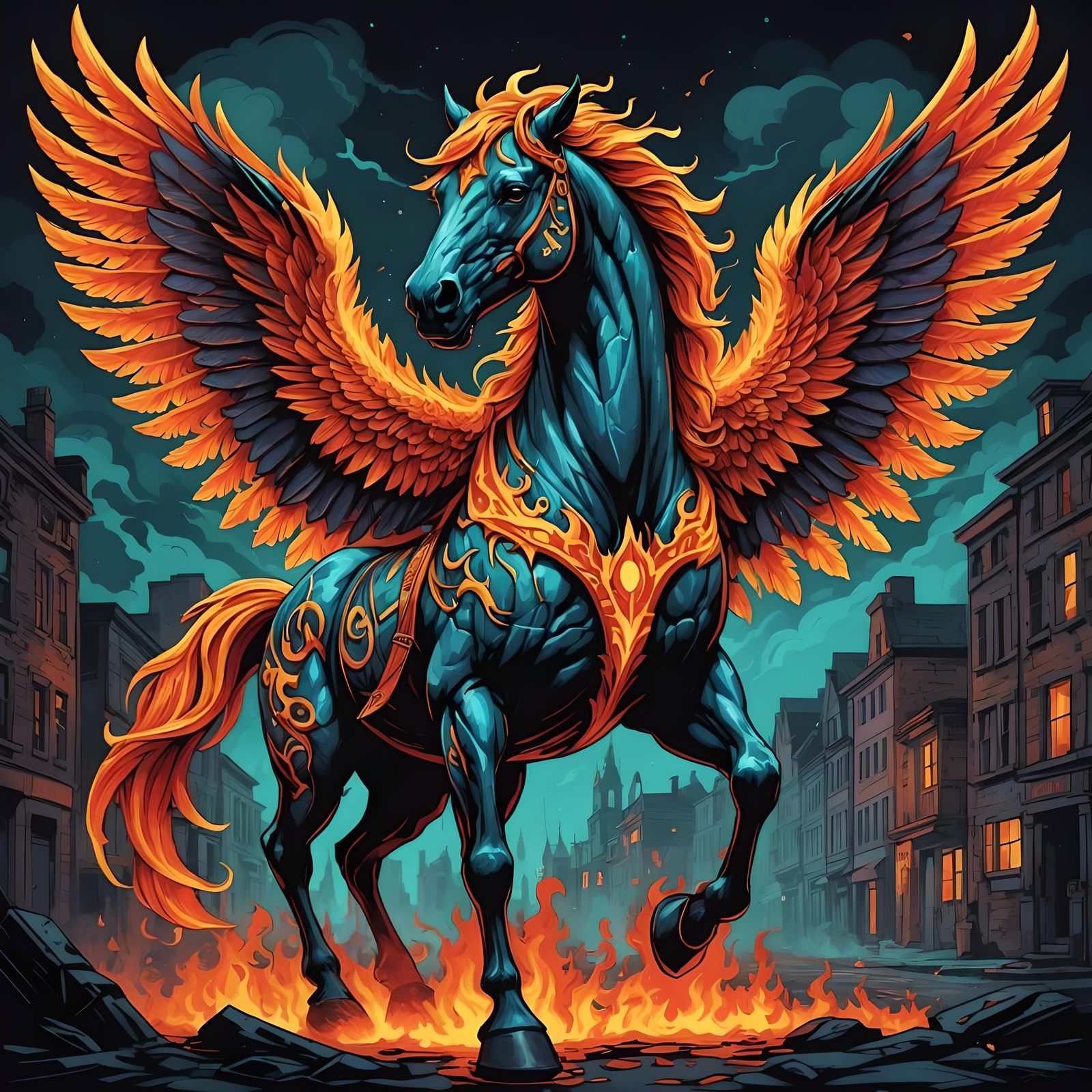 Fire horse with wings triadic colors Dan Mumford street art gouache ...