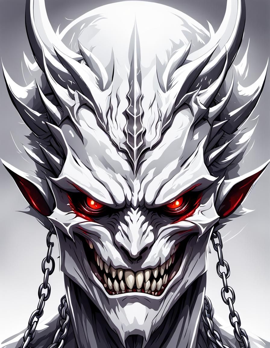 White demon, with white scales and red eyes and fangs, chains around ...