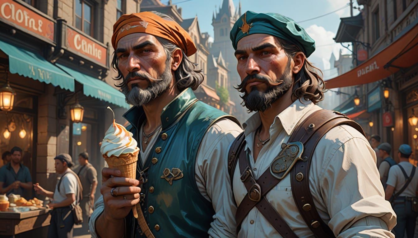 Medieval Robber Savors Ice Cream in Modern City - AI Art