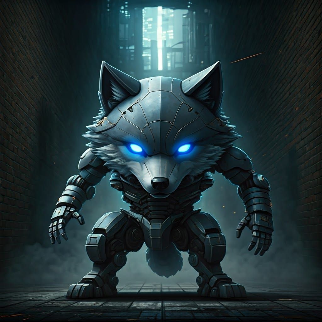 Mecha Wolf - Cyberpunk Chibi Wolf Mecha Hero