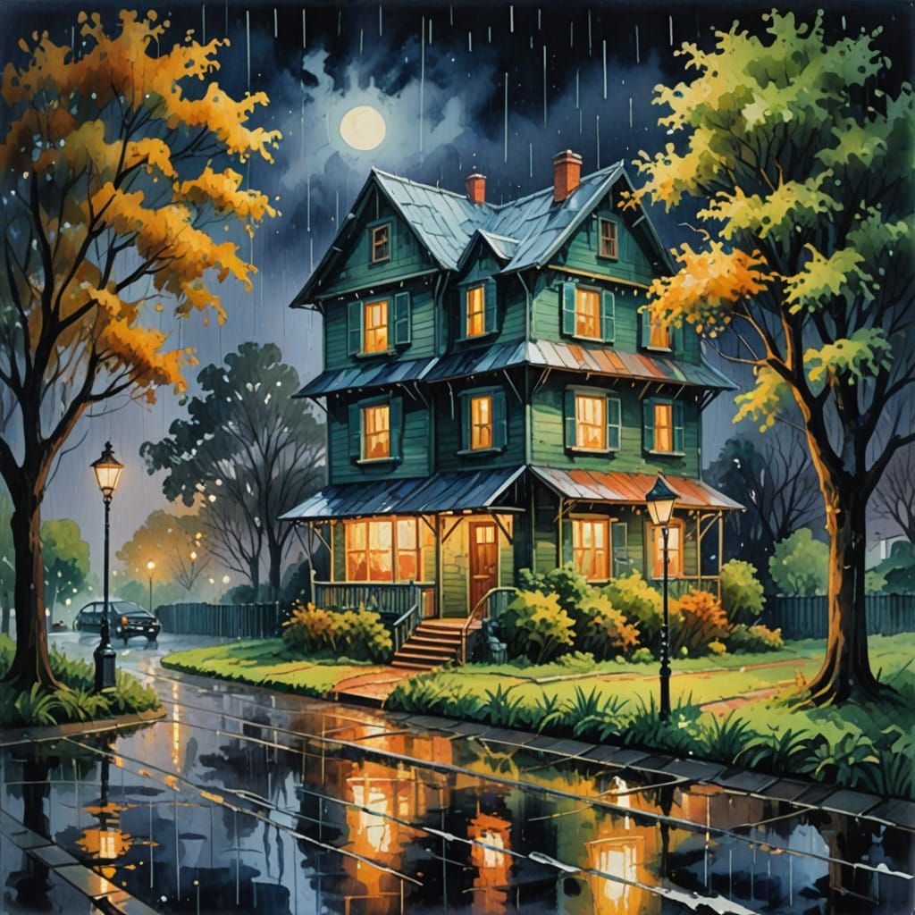 Epic Nighttime House in Vibrant Impressionist Styl... - AI Art