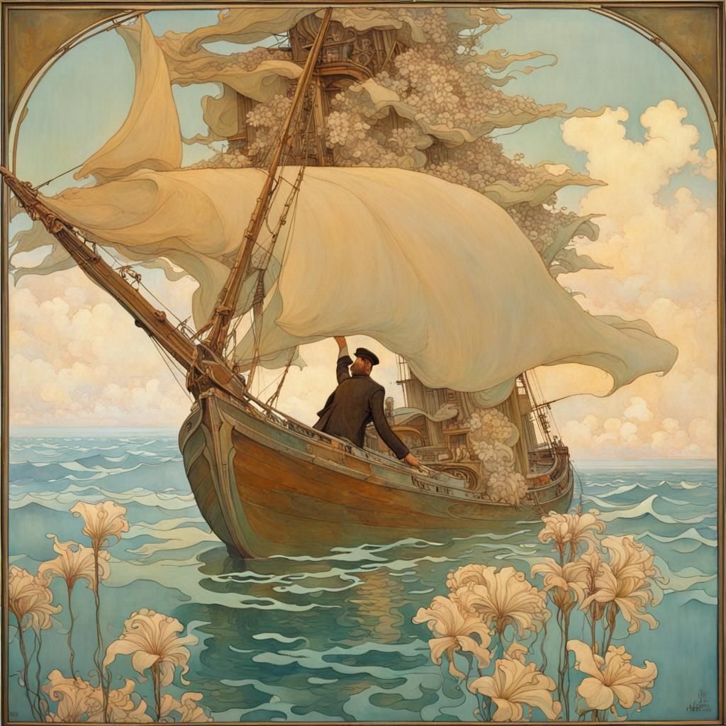 alfonso mucha painting a ship swimming in the sea made of lily flowers ...