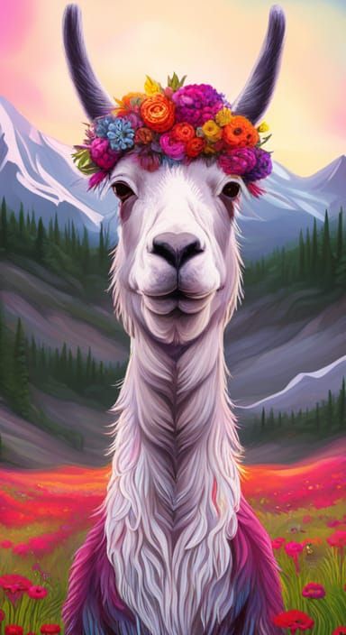 Lama wearing a flower crown in a meadow full of flowers graffiti art ...