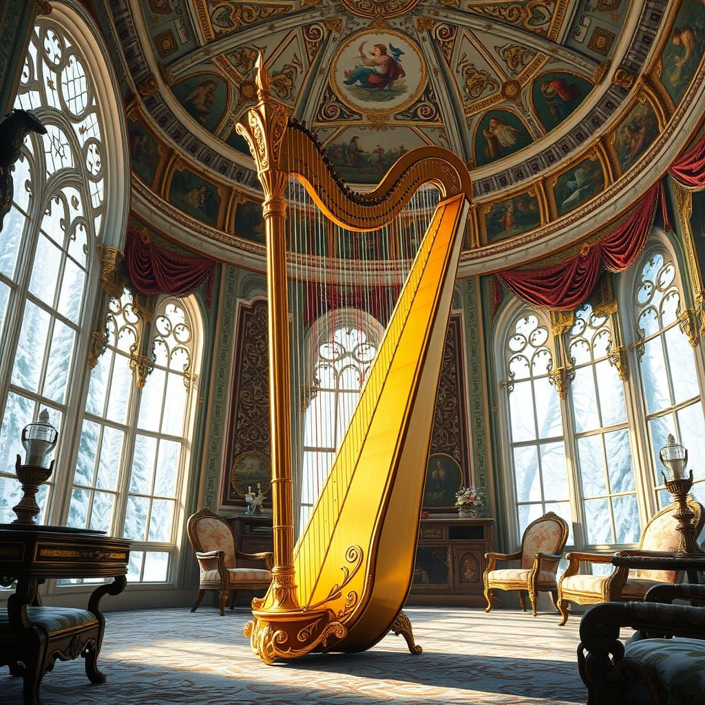 Renaissance harp - Golden Harp in a Renaissance Winter Fores...