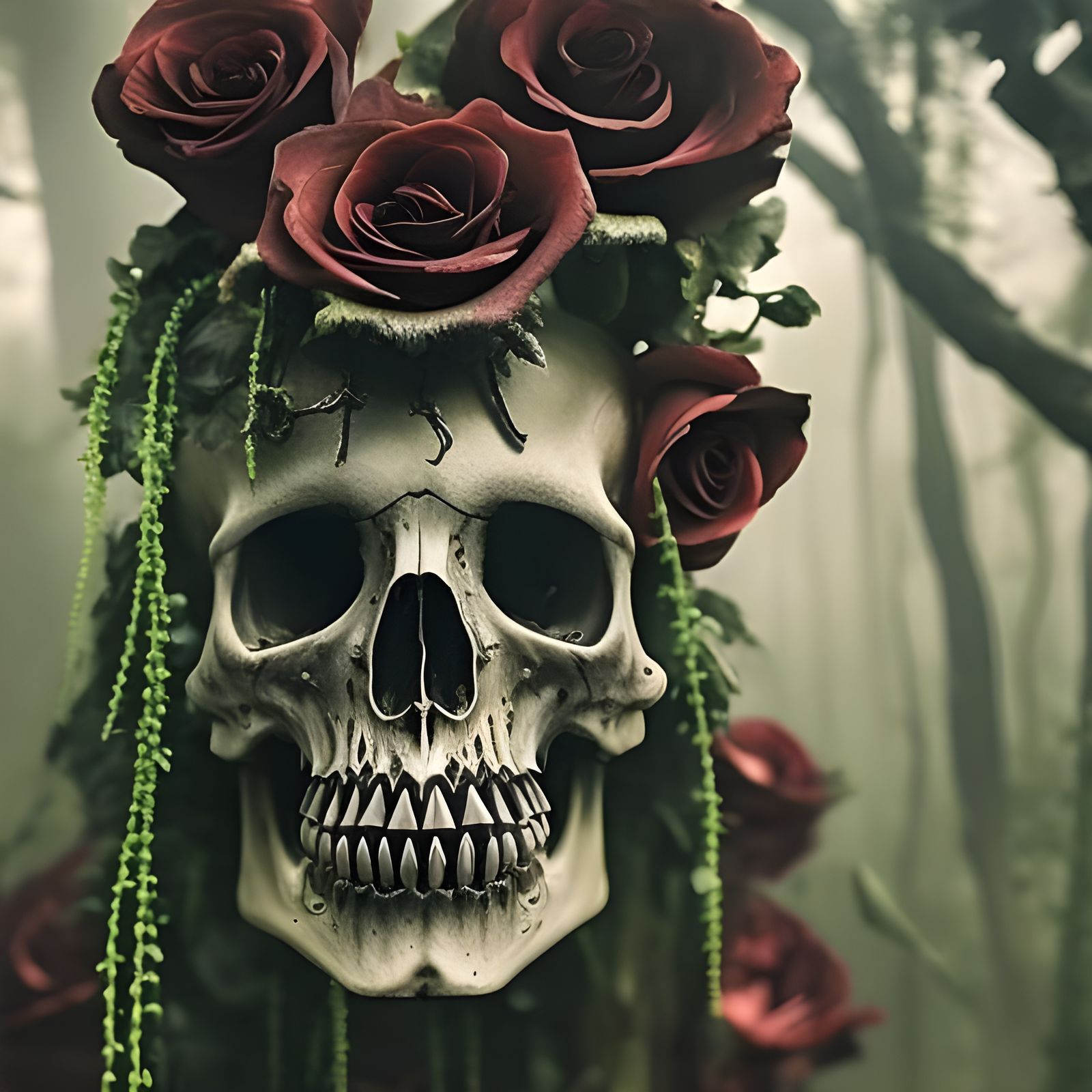 skull , forest , roses - AI Generated Artwork - NightCafe Creator