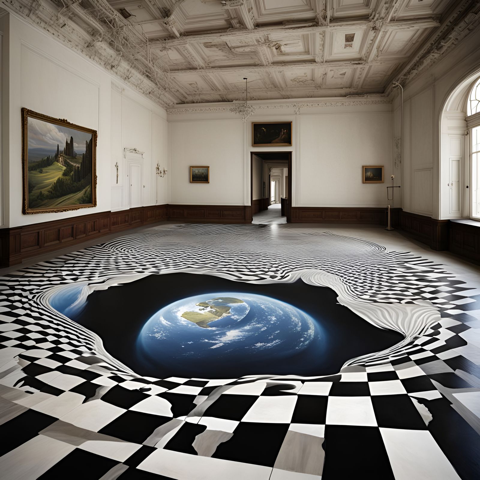 An astonishing anamorphic illusion painted on the floor. - AI Generated ...