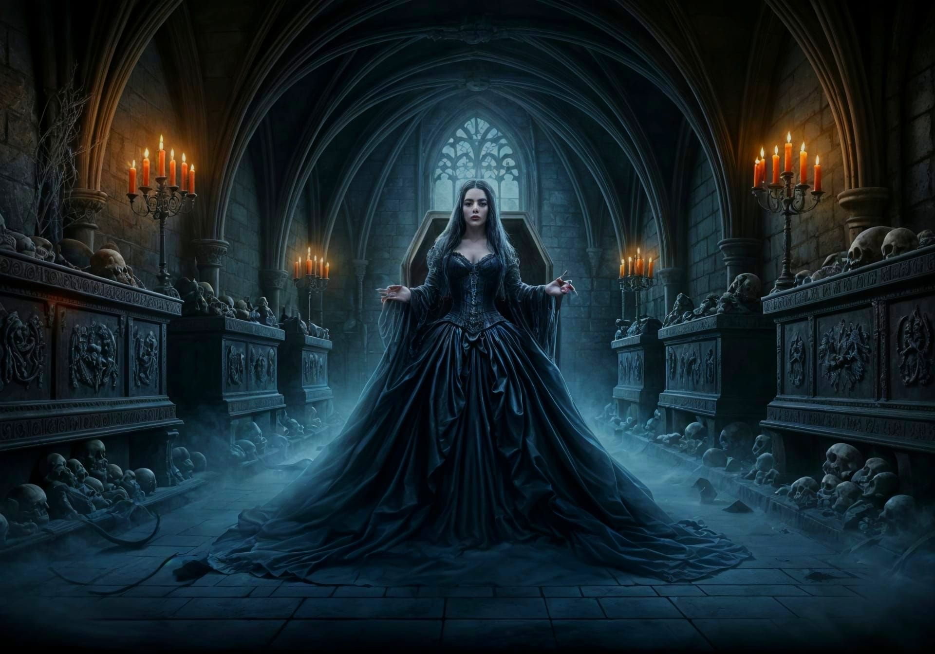 Crypt of the Gothic Vampire Queen as she rises from her coffin