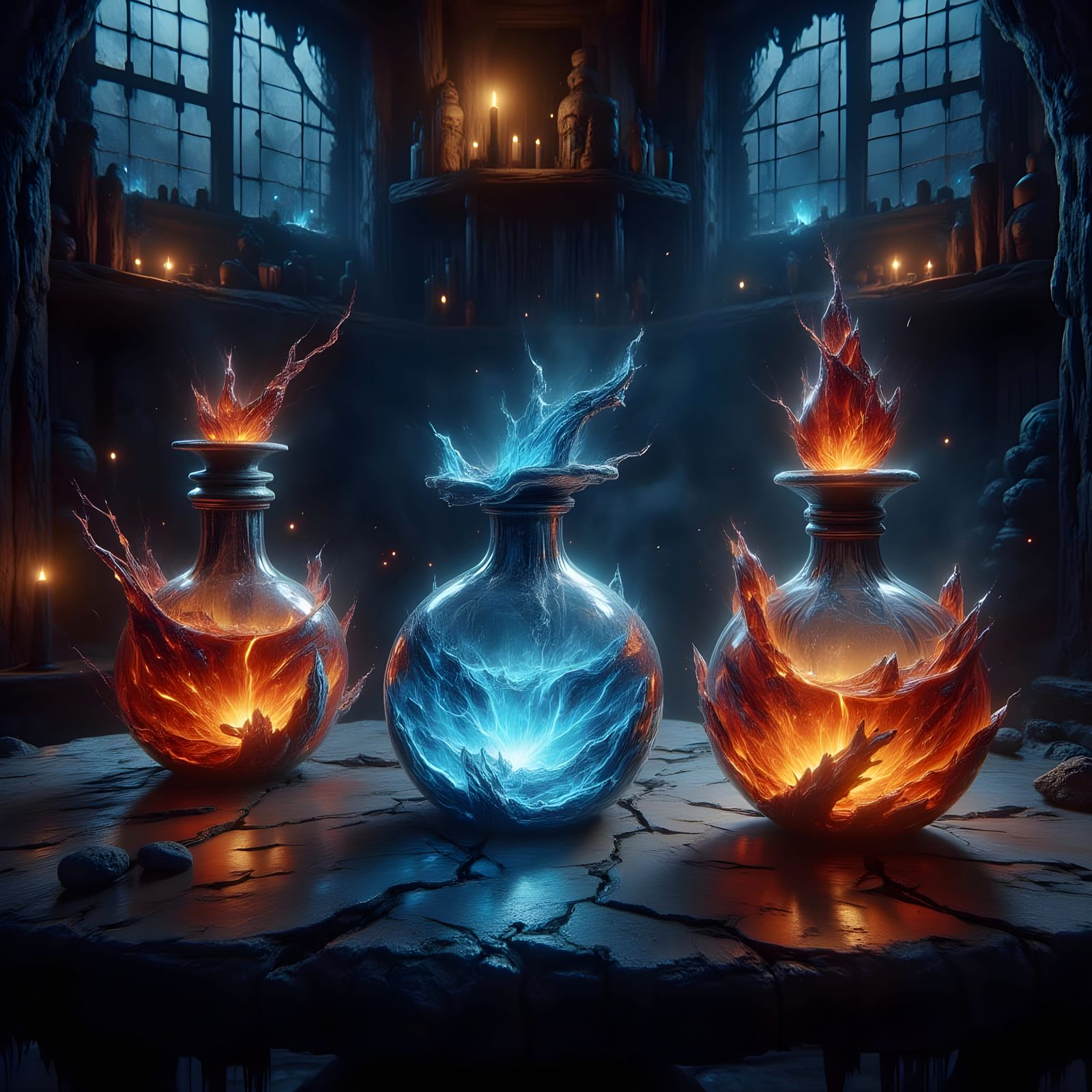 Ethereal Potions in a Dark Wizard's Laboratory - AI Art