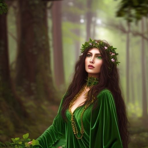 Beautiful Celtic priestess dressed in green velvet dress, in a mystical ...