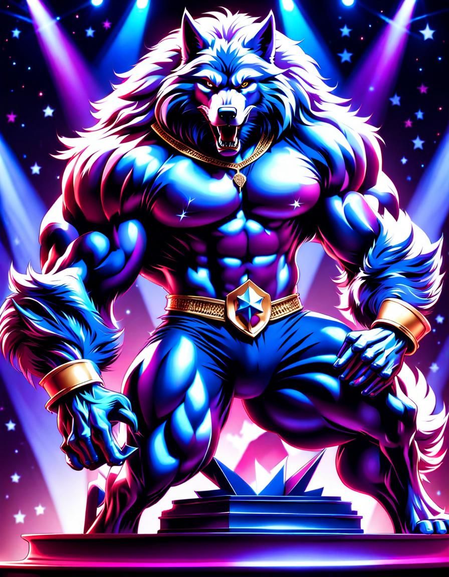 Maned werewolf with a bodybuilding trophy on the stage. Werewolf on a ...
