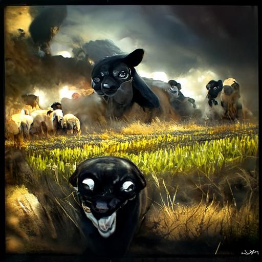 Fail: Scary black puma in a field of sheep, in the style of Marek Okon ...