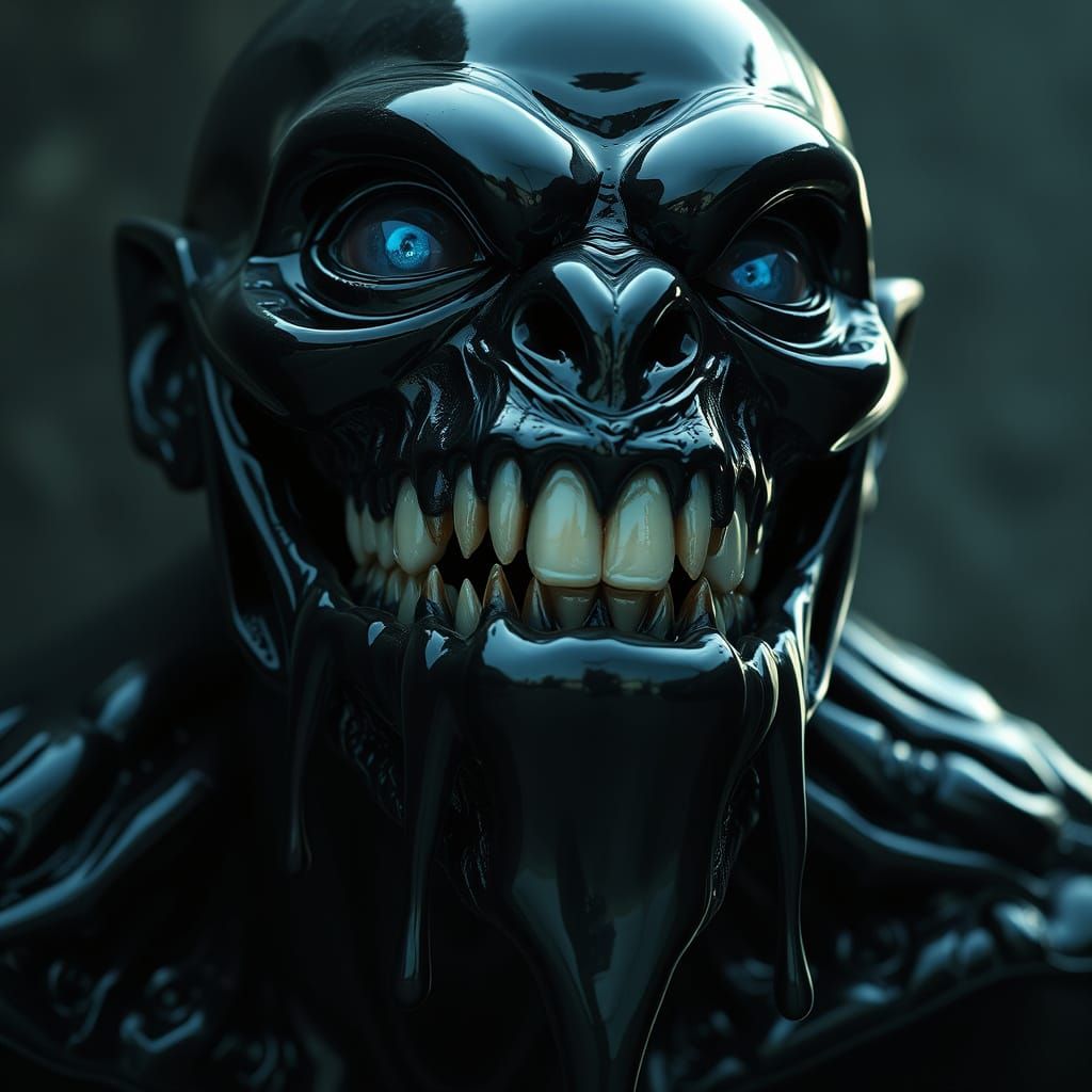 Dark Obsidian Demon with Oil-Like Smile and Biomec... - AI Art