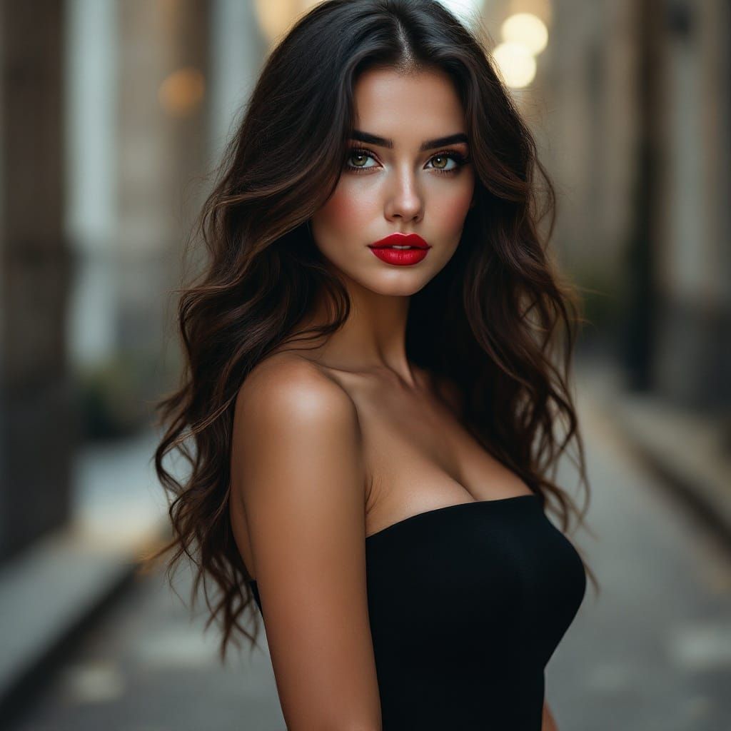 21-year-old Russian woman standing full body, square neckline of a form-fitting, alluring dress ...