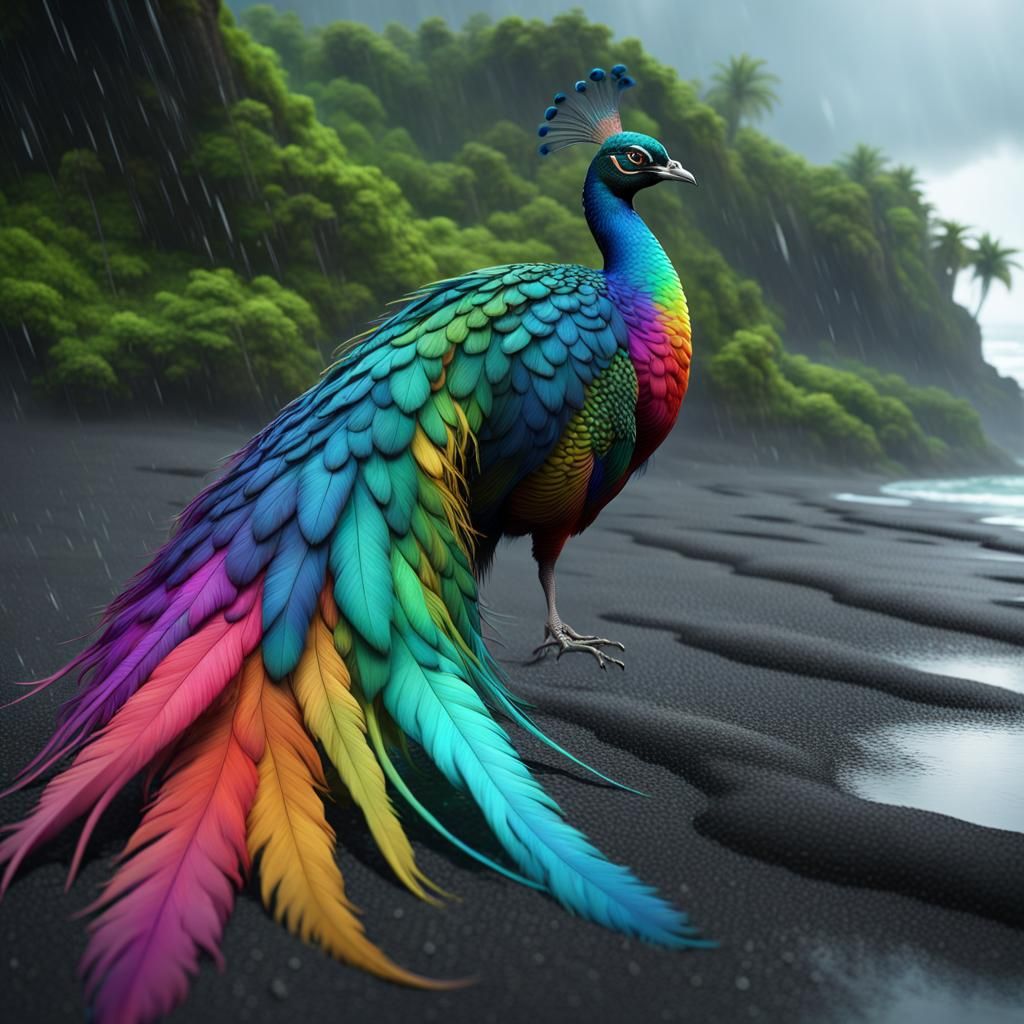 Rainboe Peacock on Black Beach - AI Generated Artwork - NightCafe Creator