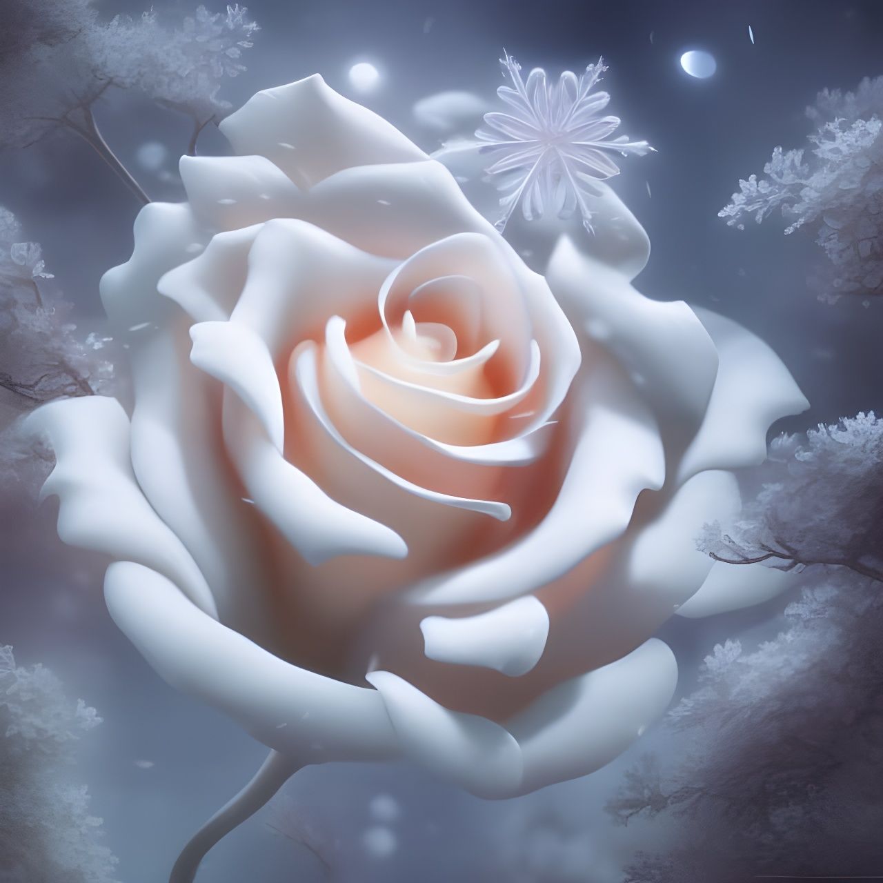 Shiny white rose with dull white snowflakes, snowflakes, warm lighting ...