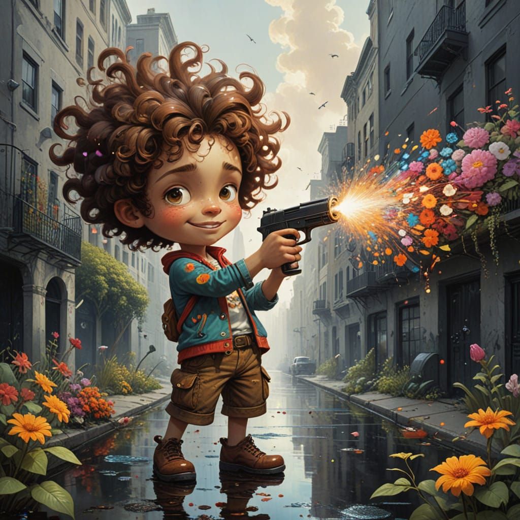 Joyful Boy Celebrates Whimsical City Life in Vibra... - AI Art