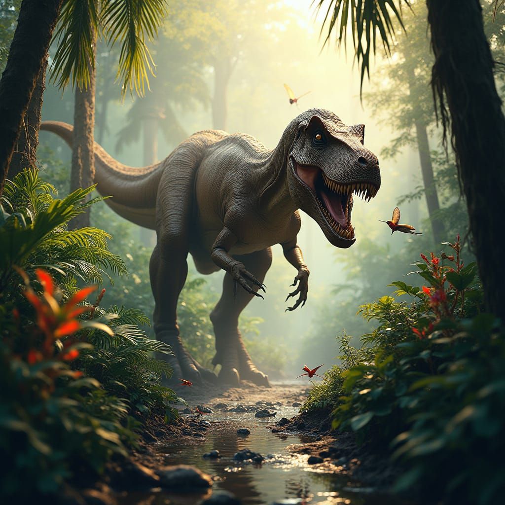T-Rex Hunts Through Jungle Underbrush in Earthy To... - AI Art