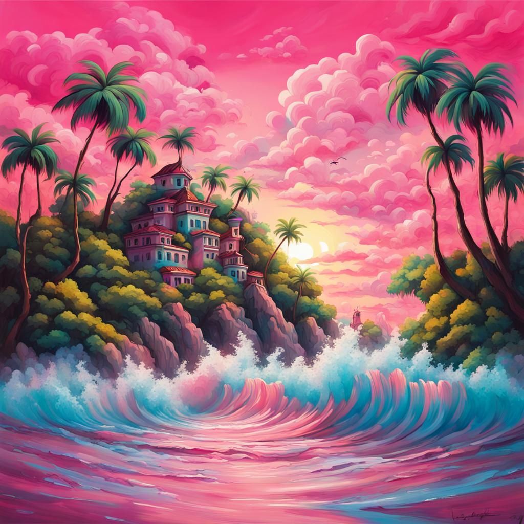 Island paradise emerging from choppy waves trees twirling and growing ...