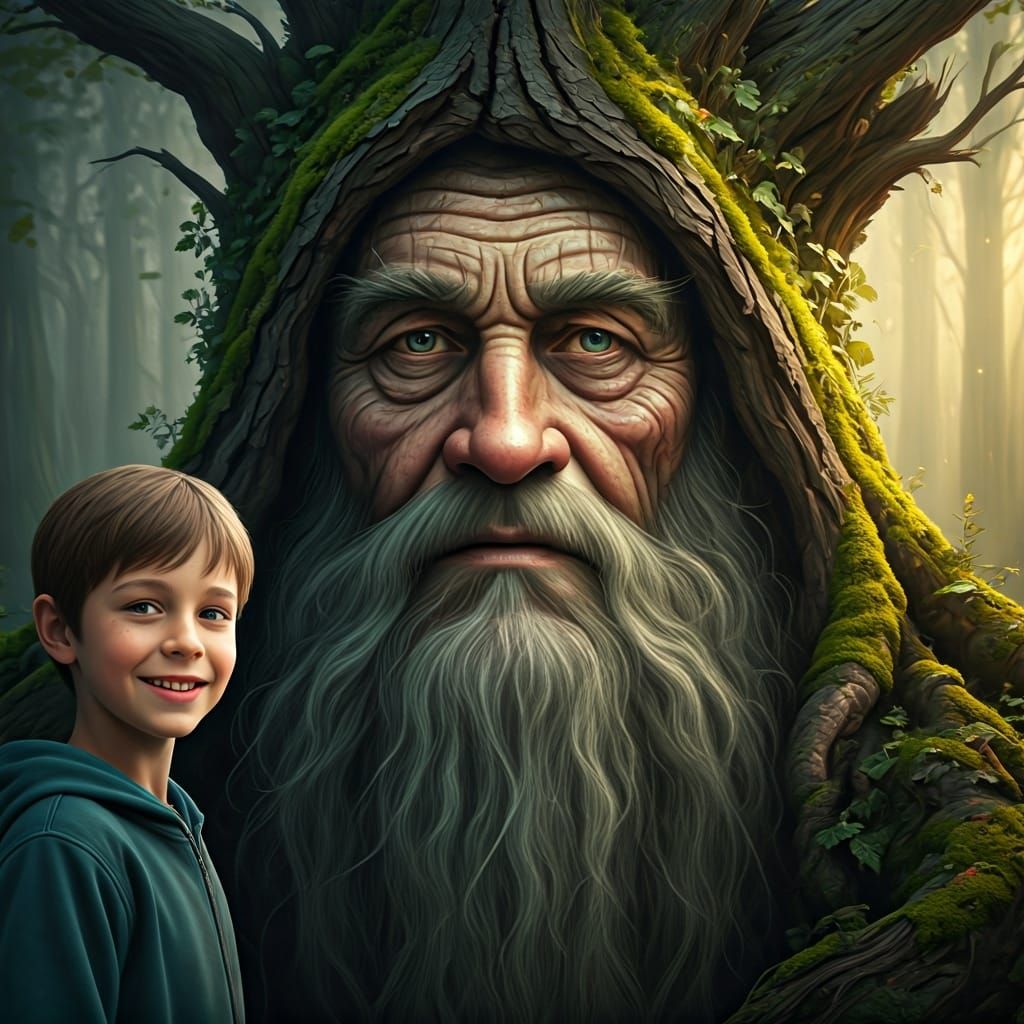 Boy and Ancient Tree with Wise Face - AI Art