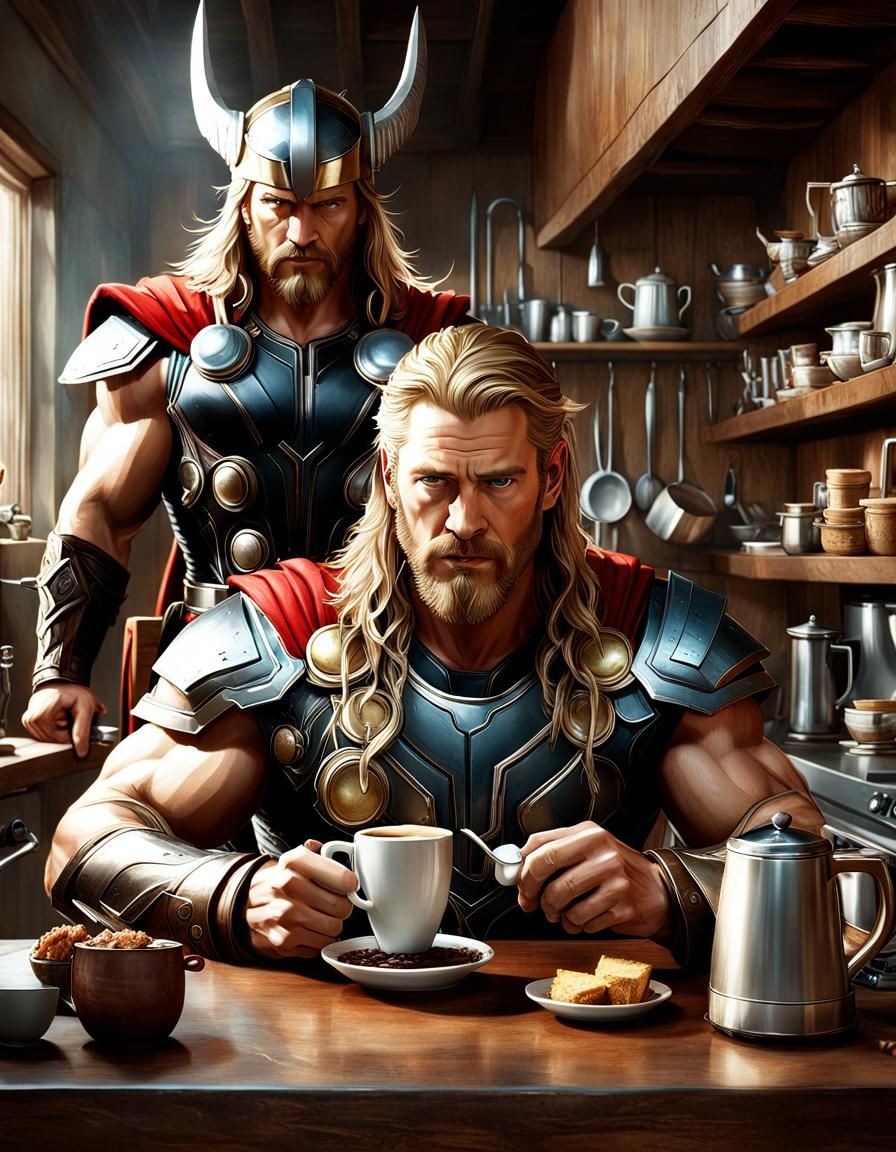high-resolution, ultra-detailed, Thor having coffee in the kitchen ...