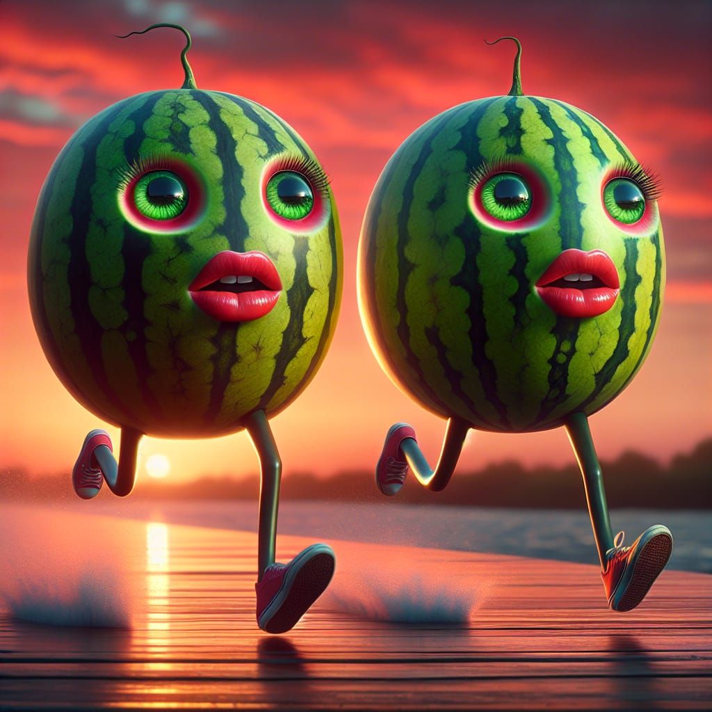 Two watermelons running on the sunset, before the sunrise come again