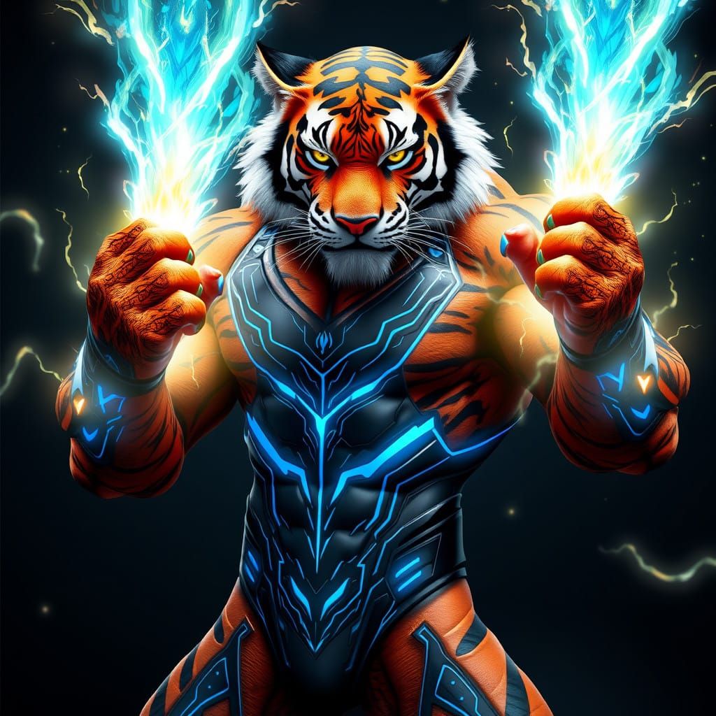 Cyberpunk Tiger Unleashes Quantum Blasts in High-F... - AI Art