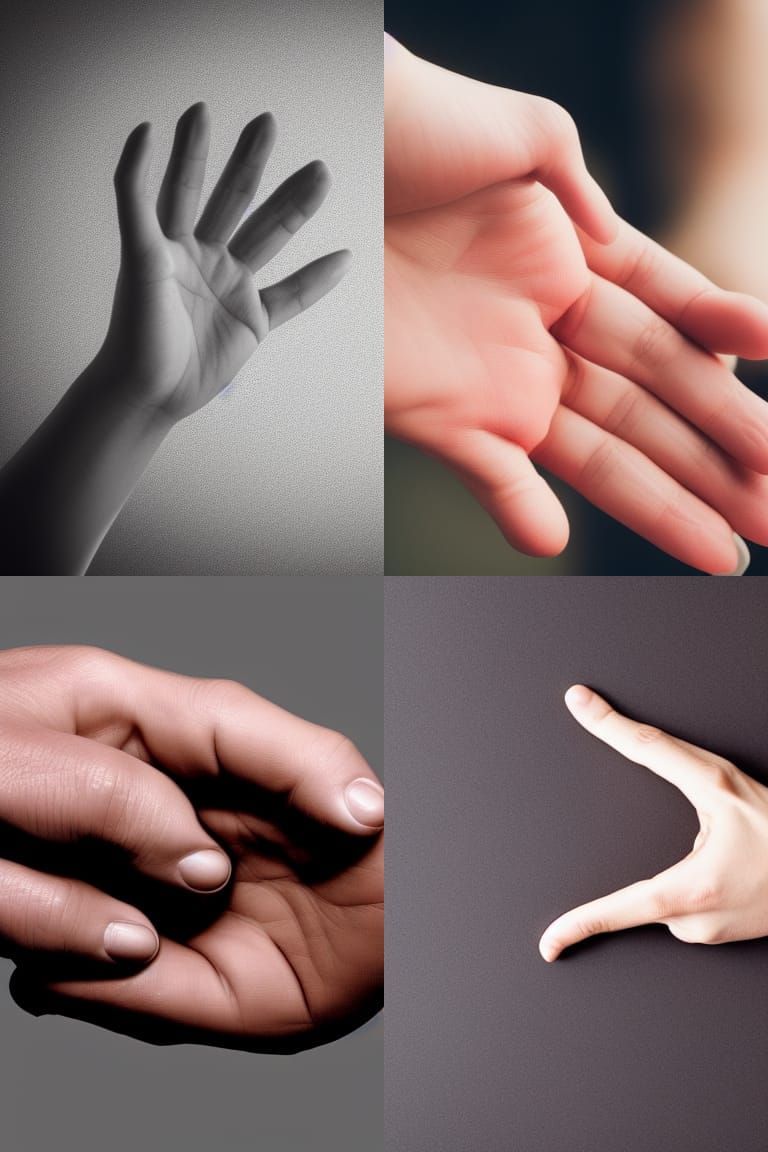 A hand, a human hand, 4 fingers and 1 thumb, a hand flat on a surface ...