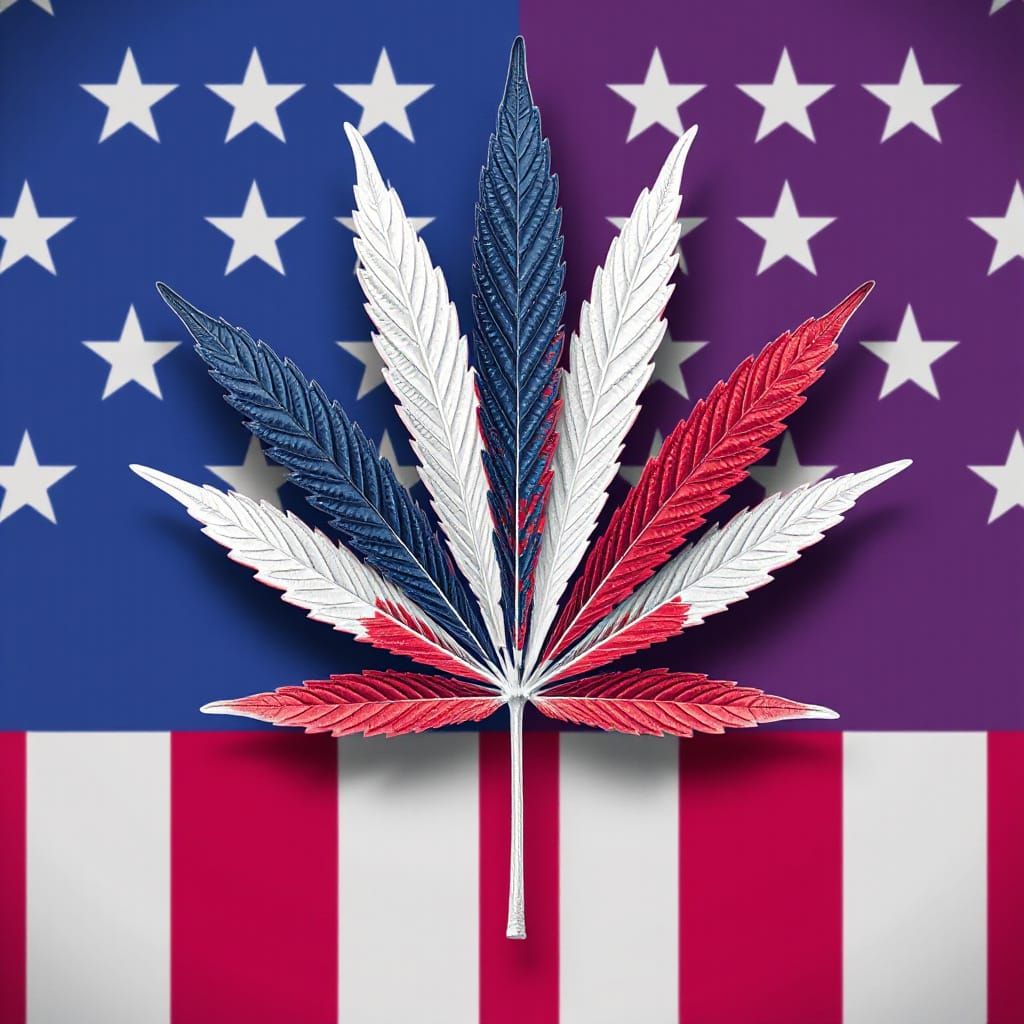 Red white and blue marijuana leaf on an American flag background