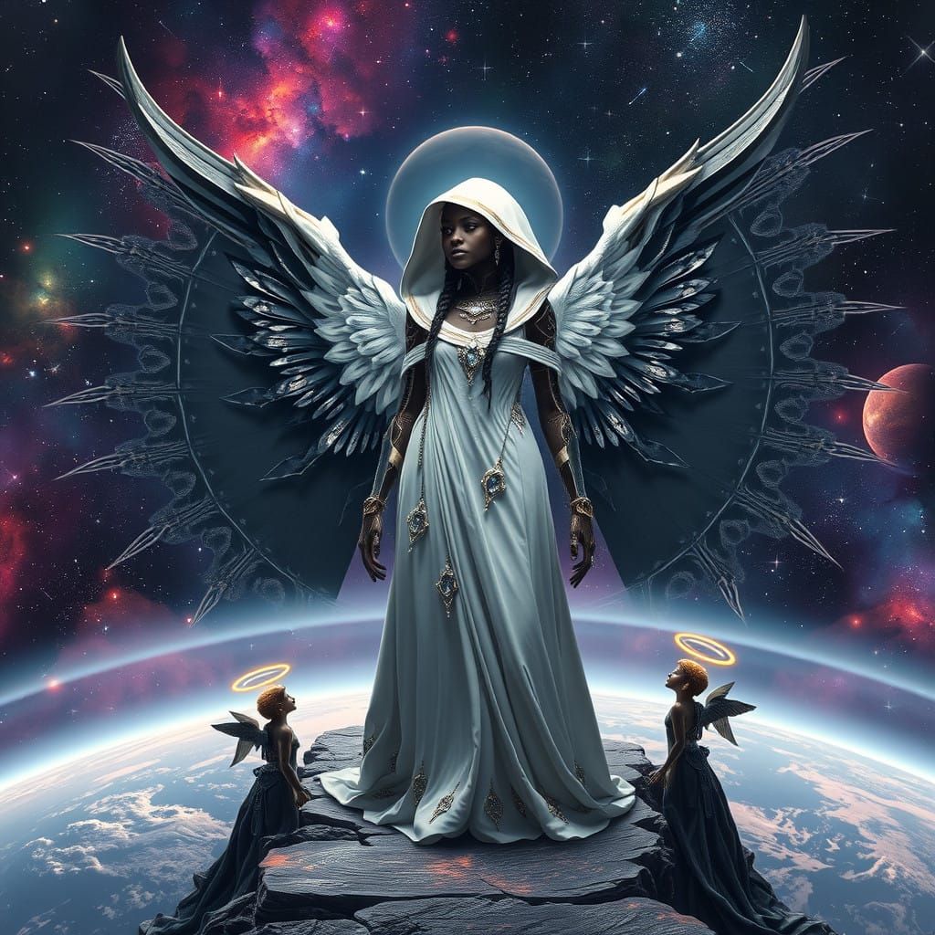 Majestic Celestial Cyborg Angel Connects the Cosmo... - AI Art