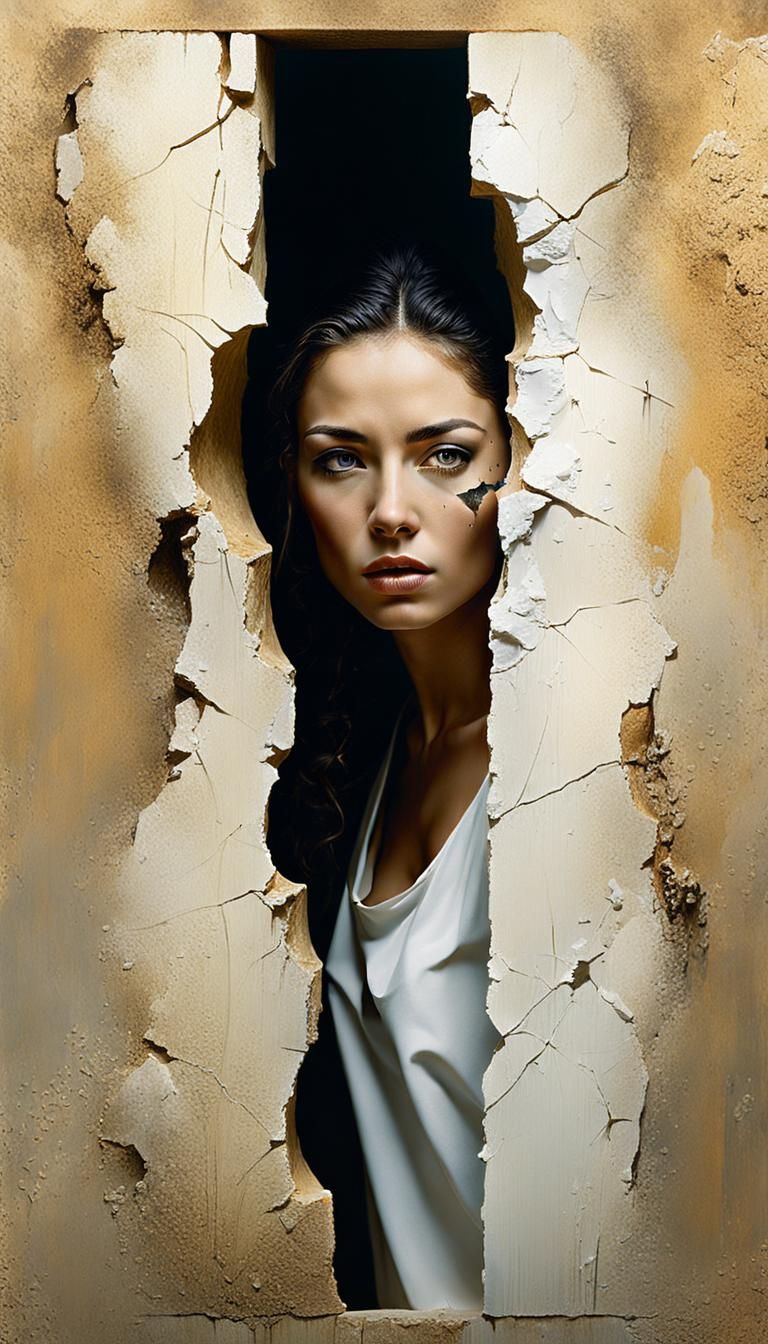 a painting of a woman peeking out of a wide slit in a wall, by Brad ...