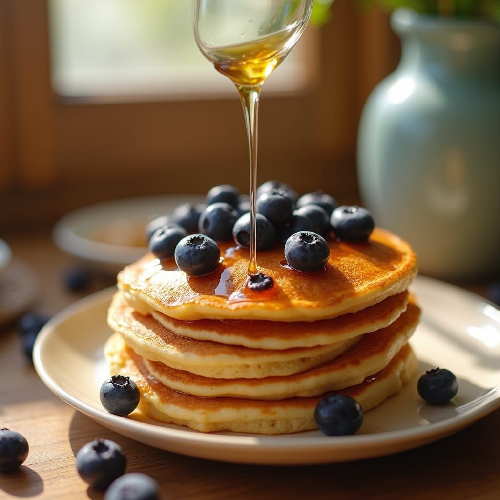 Golden Brown Pancake Portrait with Blueberries and... - AI Art