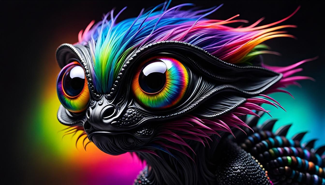 alien with body dark rainbow thick stringy fur elastic,solid black ...