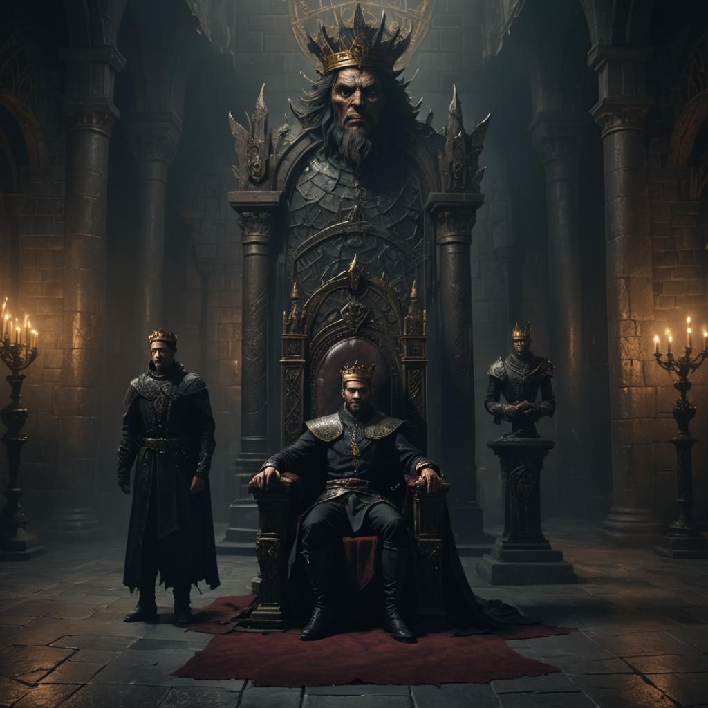 epic, a face handsome king, with a sinister and evil look, sitting on ...