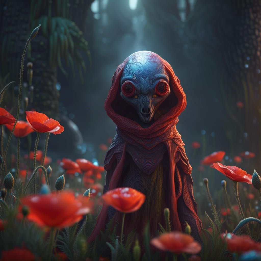 Poppy-themed hooded alien creature - AI Generated Artwork - NightCafe ...