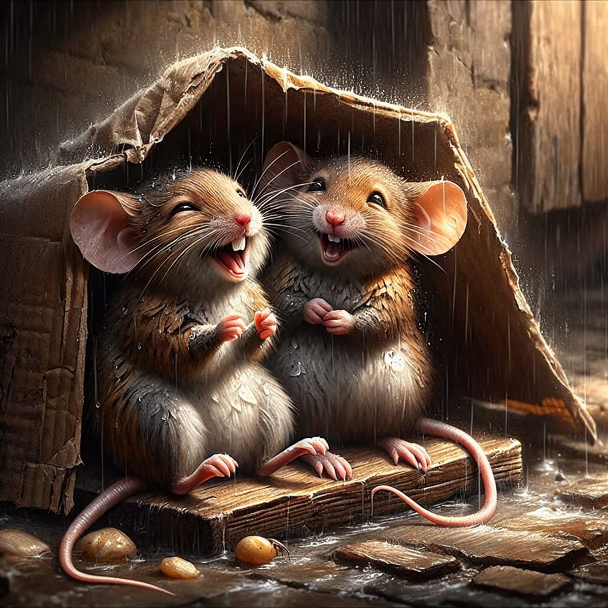 An epic depiction of 2 mice sitting in a dark alley under a piece of ...