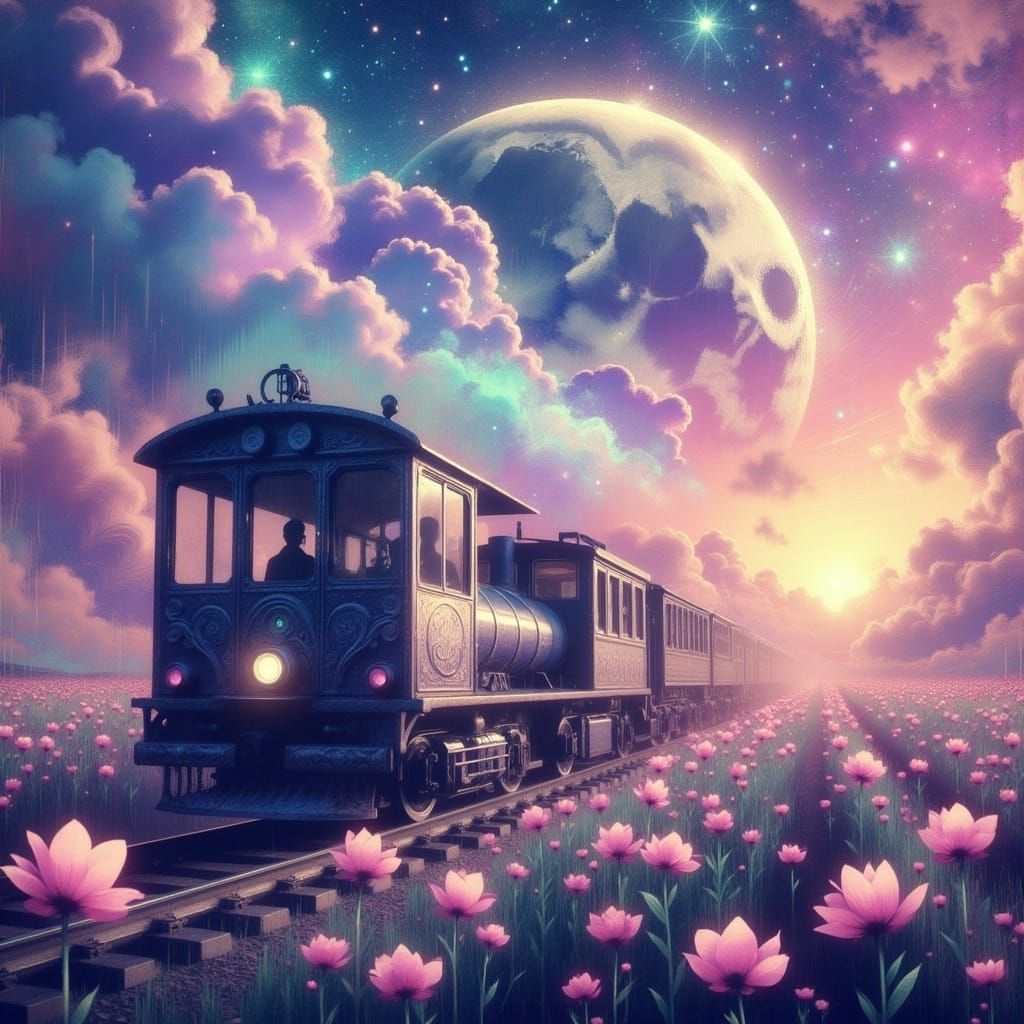 train - Surreal Train Enveloped in Blooming Flowers and Ce...