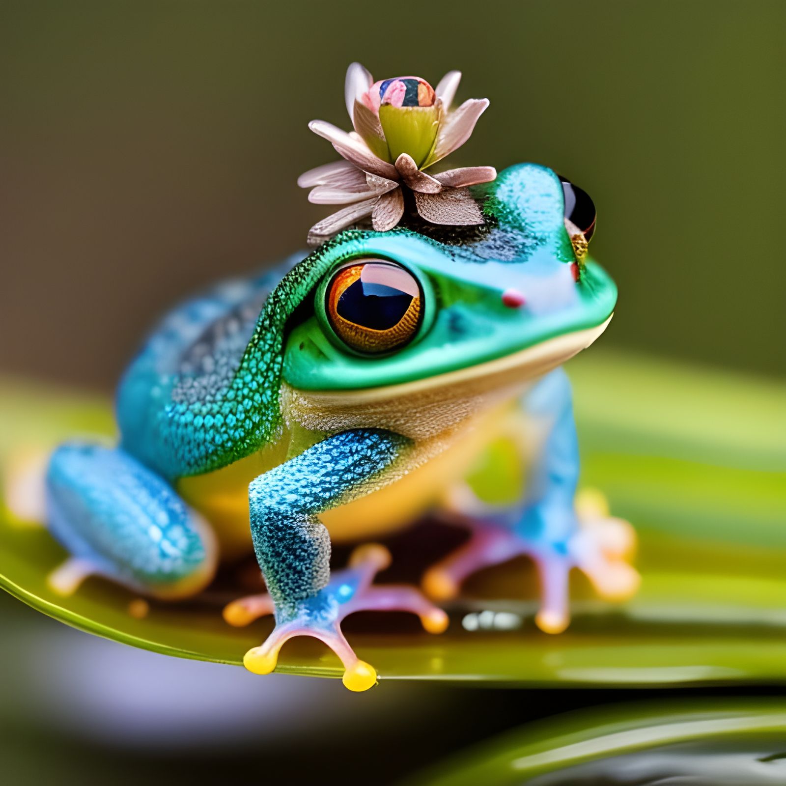 Flower Froggy - Crowned Frog on Lily Pad Macro Photograph