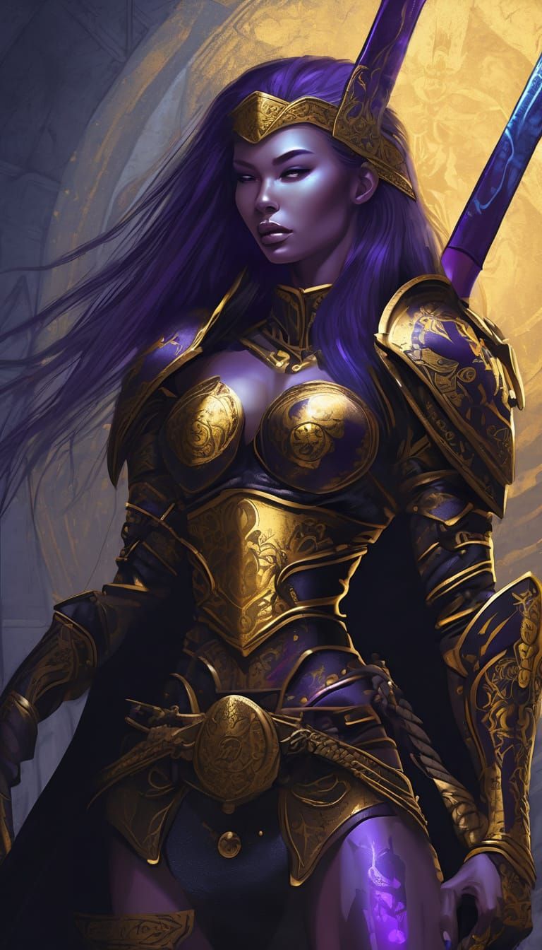 Dark fantasy illustration. Full body shot. Aasimar woman, golden glowing eyes, with long dark ...