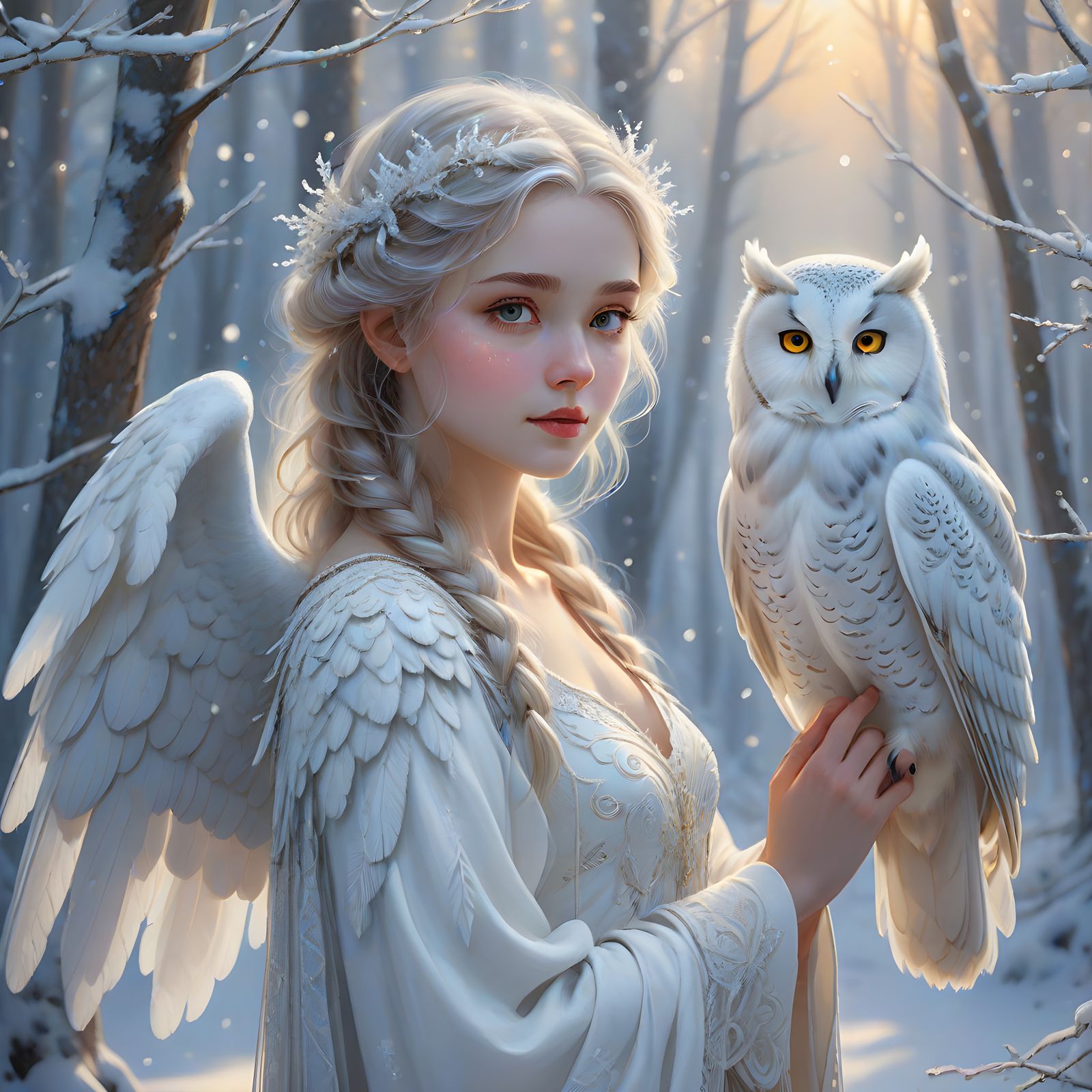 A beautiful winter angel with a white owl