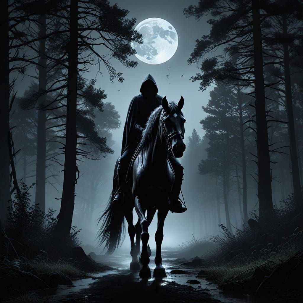 Dark Fantasy Rider on Friesian Horse under Etherea... - AI Art