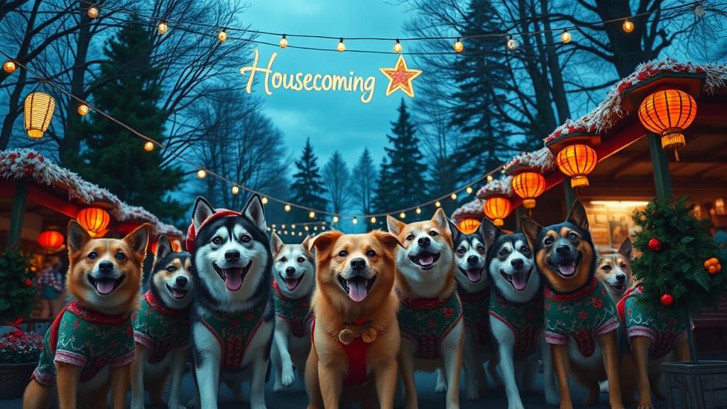 The gangs - Whimsical Holiday Gathering of Dogs in a Vibrant...