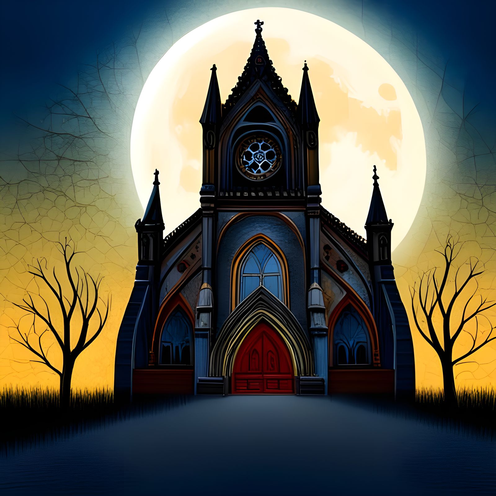 gothic church, full moon, ominous night, intricately detailed ...