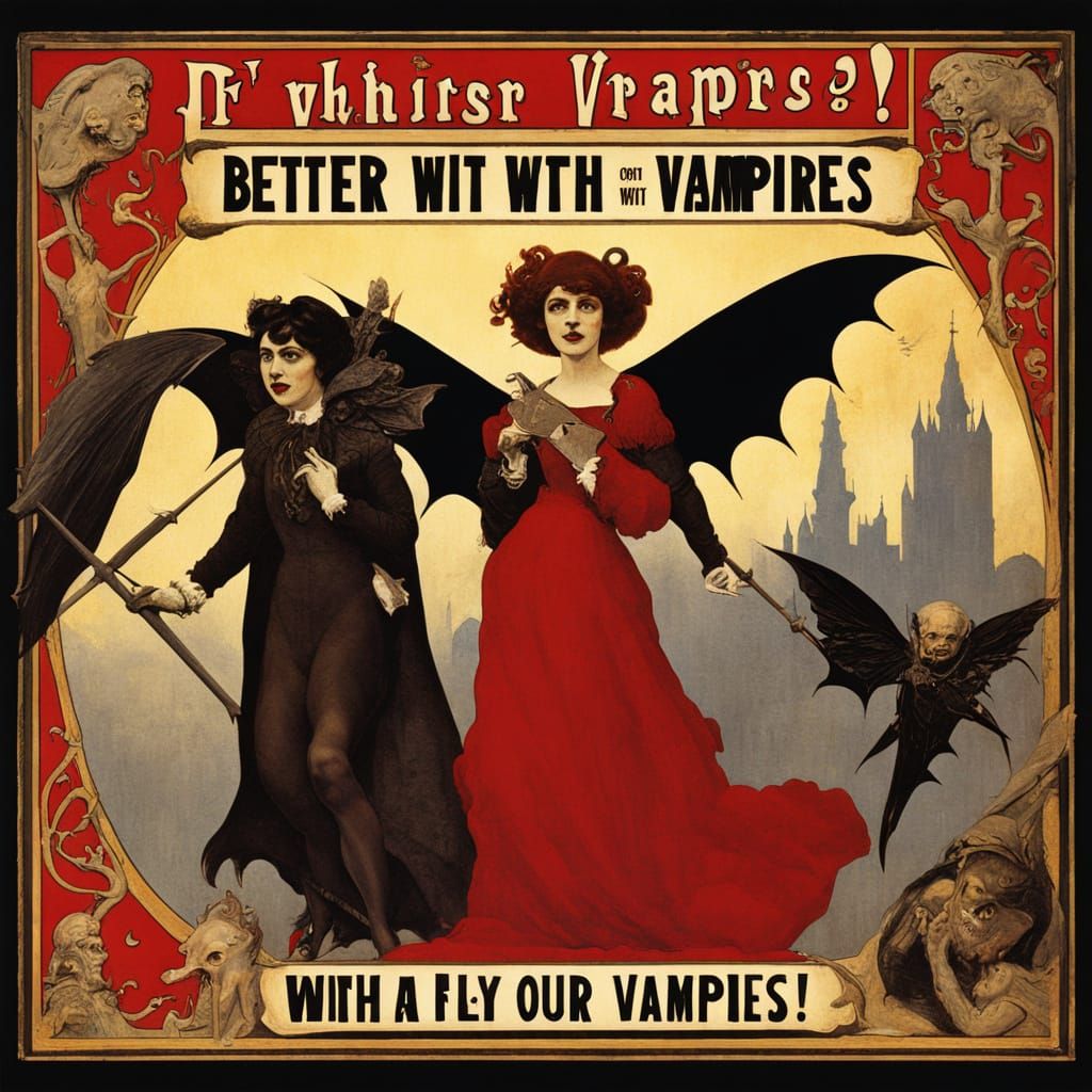 Vampires Soar in Whimsical Art Nouveau Billboard - AI Art