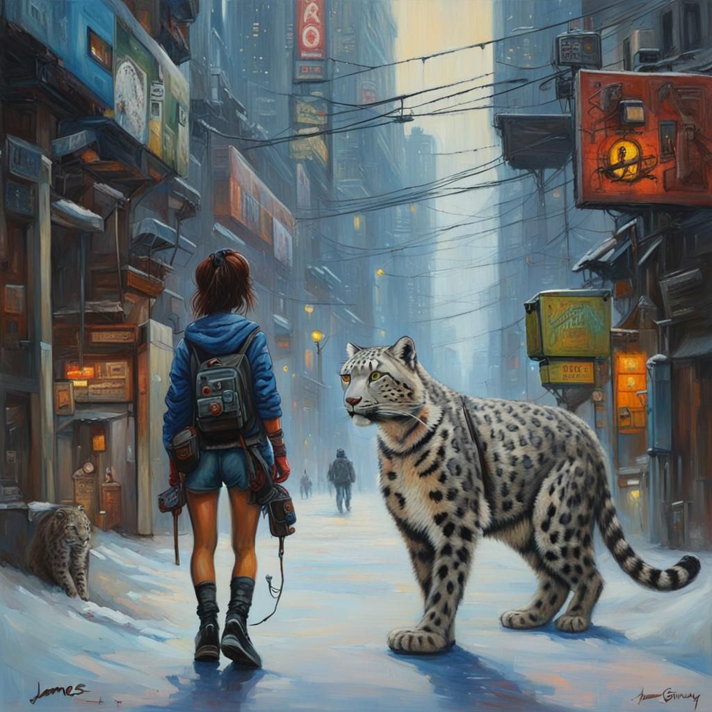 Girl and a snow leopard walking through a cyberpunk city acape - AI ...